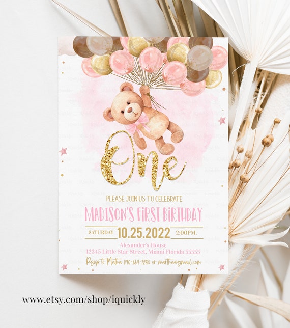 Editable Teddy Bear Birthday Invitation Girl Bear Themed Invite,1st ...