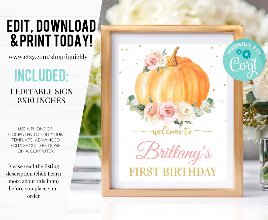 EDITABLE Pumpkin Birthday Party Welcome Sign, Little Pumpkin Printable ...