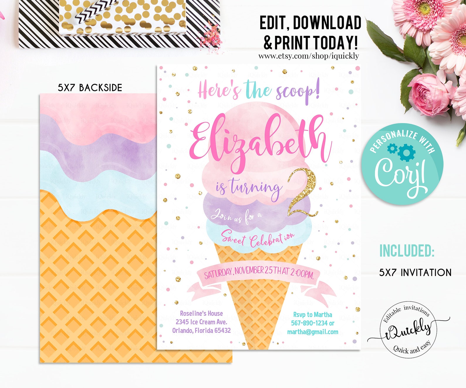 Editable Ice Cream Birthday Invitation First Birthday Party Here's the ...