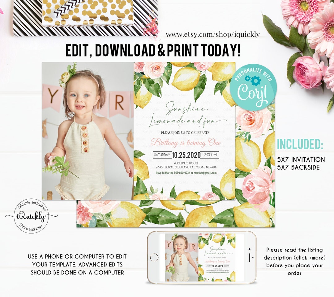 EDITABLE Lemon Birthday Invitation, Sunshine Lemonade and Fun, Photo ...