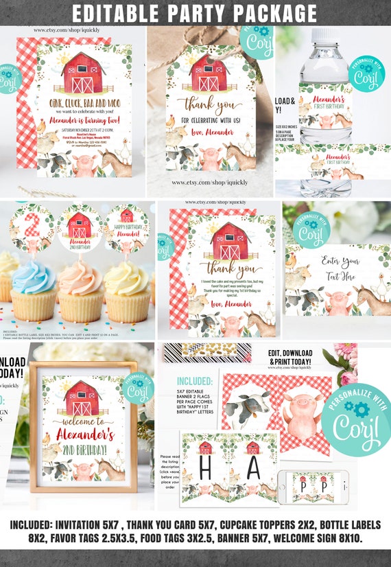 Editable Farm Party Decorations, Barnyard Party Package Birthday ...