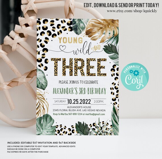 Editable Young Wild and Three Leopard Print Jungle Birthday - Etsy