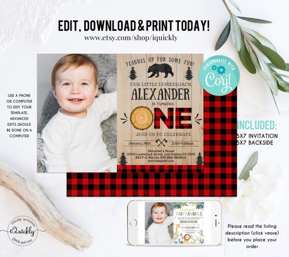 EDITABLE Lumberjack First Birthday Invitation, Buffalo Plaid Invite ...