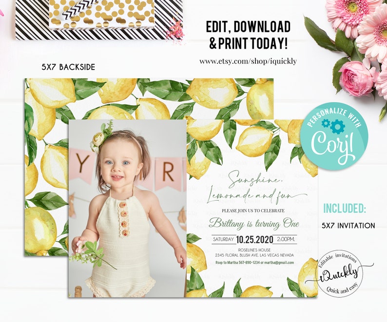 EDITABLE Lemon Birthday Invitation Photo Sunshine Lemonade and - Etsy