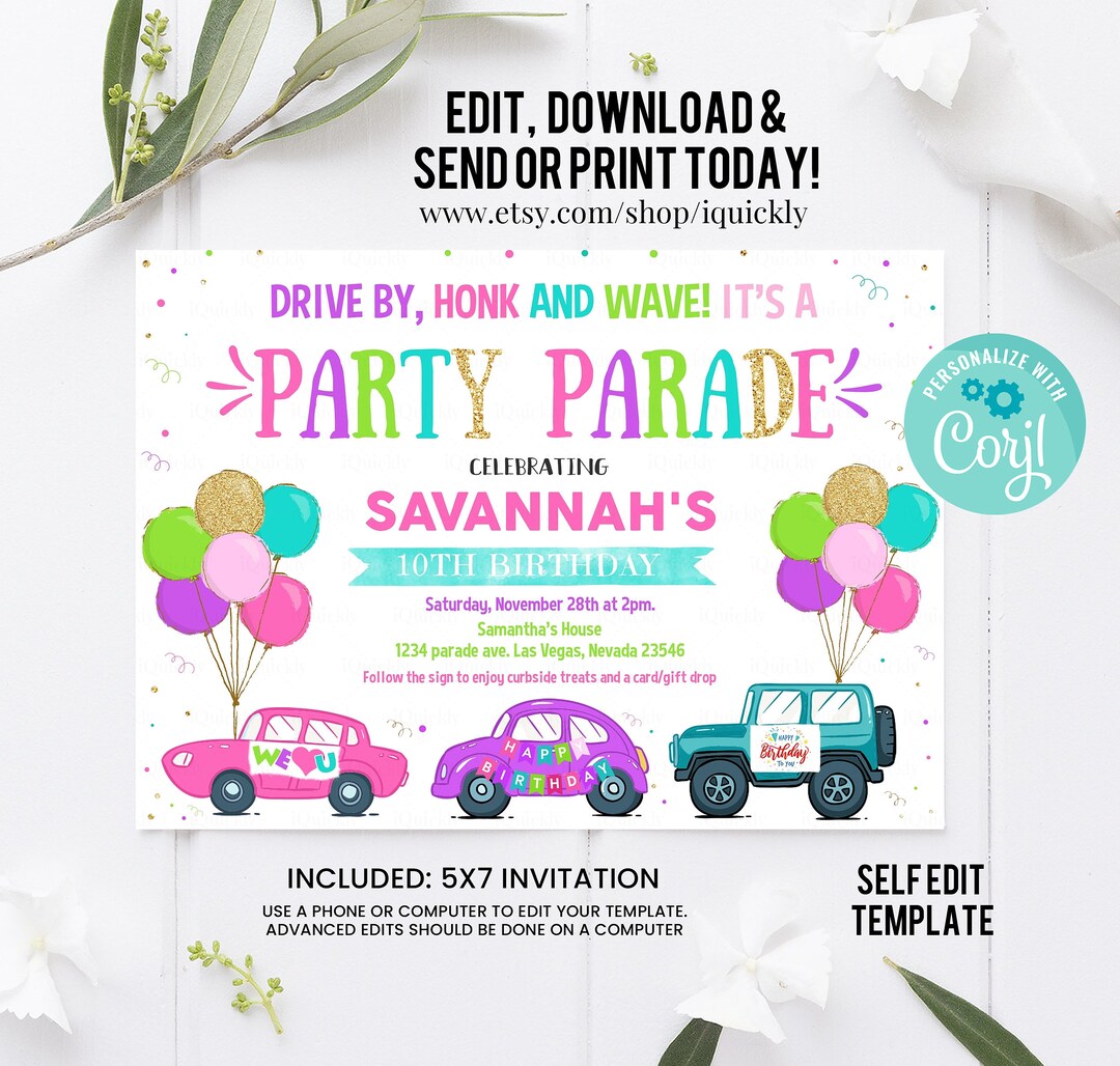 Editable Drive by Birthday Parade Invitation Drive Through Birthday ...