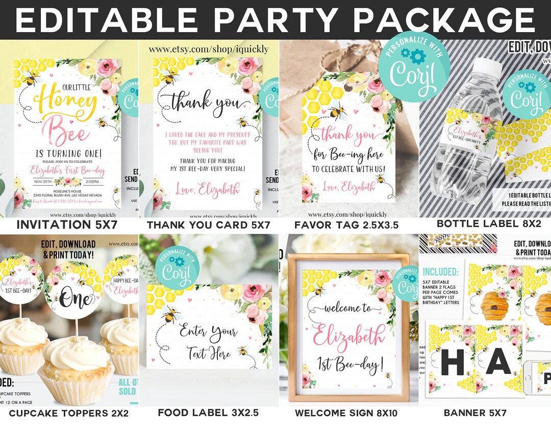 Editable Bee Party Decorations, Honey Bee Package Birthday Invitations ...