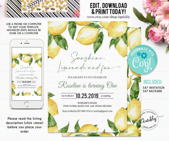 EDITABLE Lemon Birthday Invitation, Sunshine Lemonade and Fun, Citrus ...