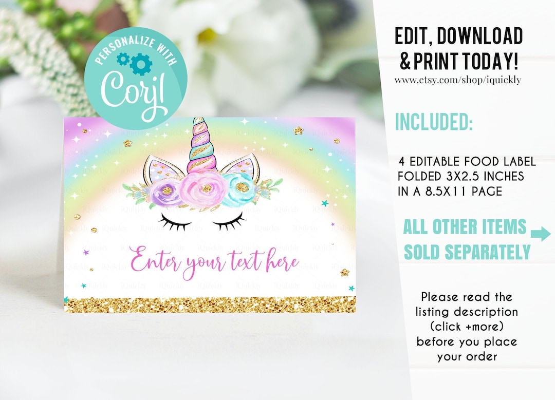 EDITABLE Unicorn Food Tags Buffet Label Tent Card Food Labels Place ...