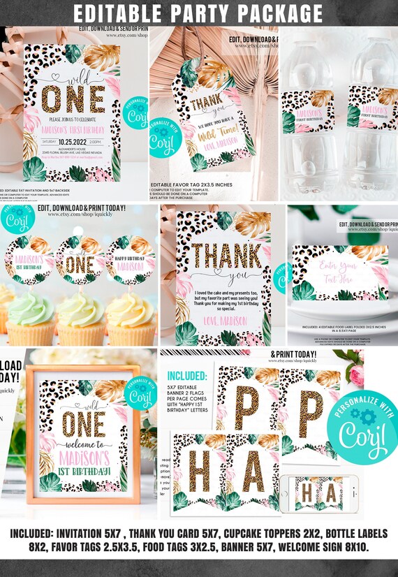 Editable Leopard print Party Decorations Girl Wild One Party Package ...