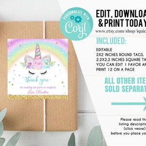 EDITABLE Unicorn Favor Tags, Thank You Tags, Gift Tags, Unicorn Party ...