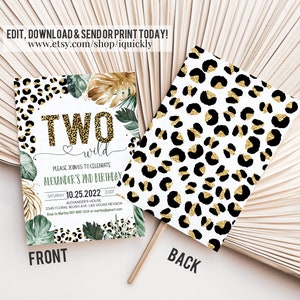 Editable Two Wild Leopard Print Jungle Birthday Party Invitation ...