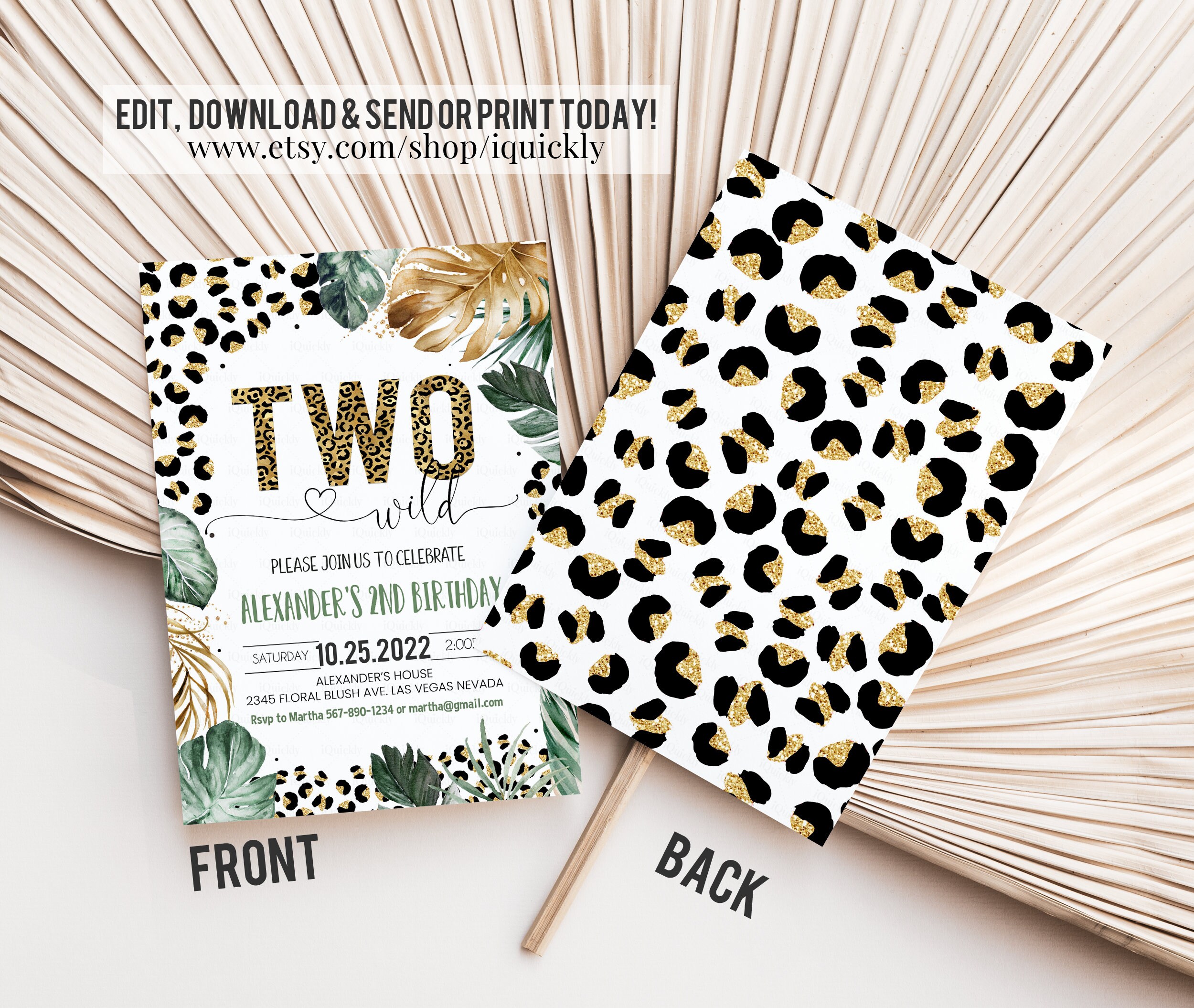 Editable Two Wild Leopard Print Jungle Birthday Party Invitation ...