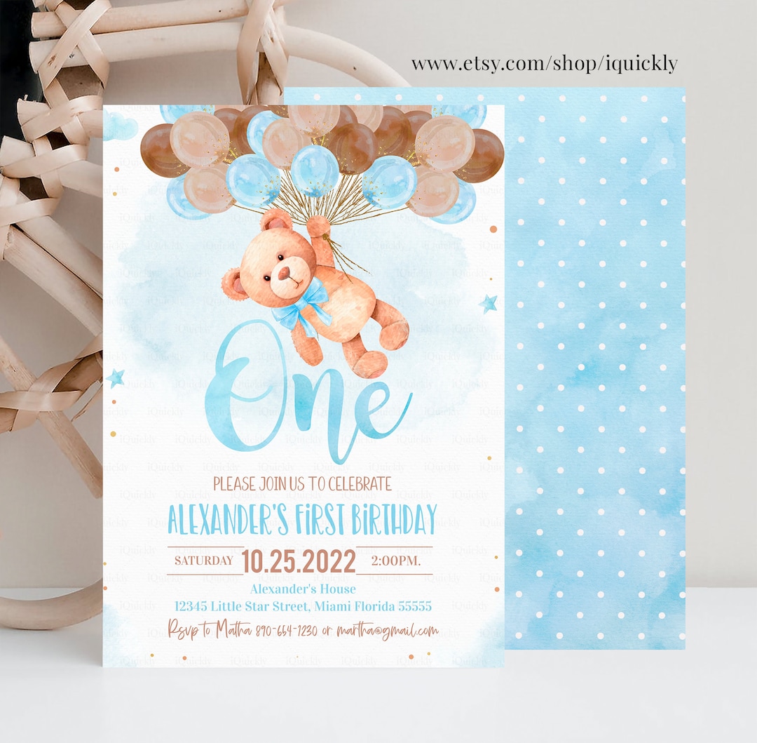 Editable Teddy Bear Birthday Invitation Boy Bear Themed Invite,1st ...
