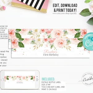 EDITABLE Blush Pink Floral Bottle Label, Water Labels Printable 1st ...