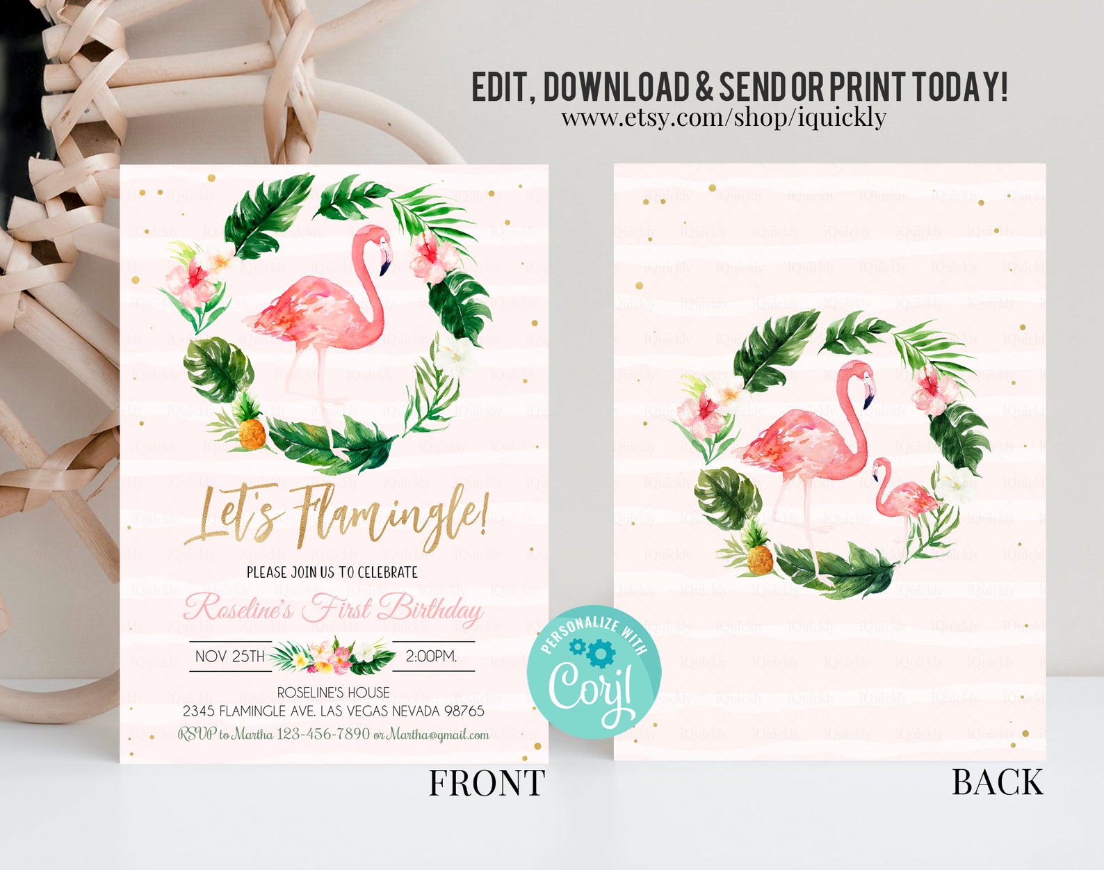Editable Flamingo Birthday Party Invitation Template,tropical Birthday ...