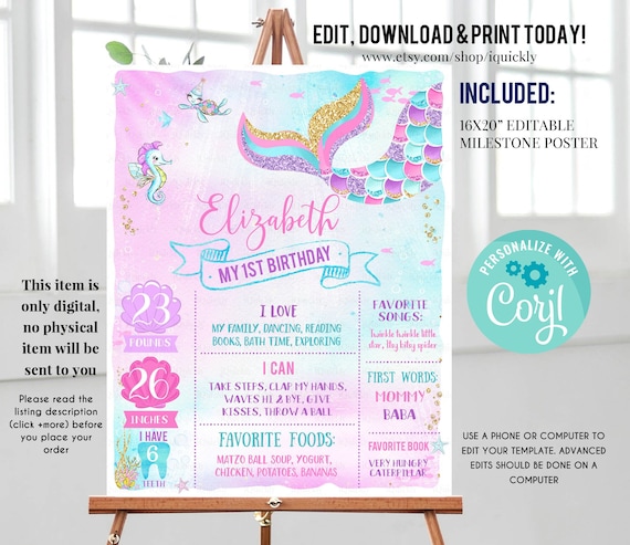 Mermaid Milestone Birthday Poster, EDITABLE Under the sea First ...