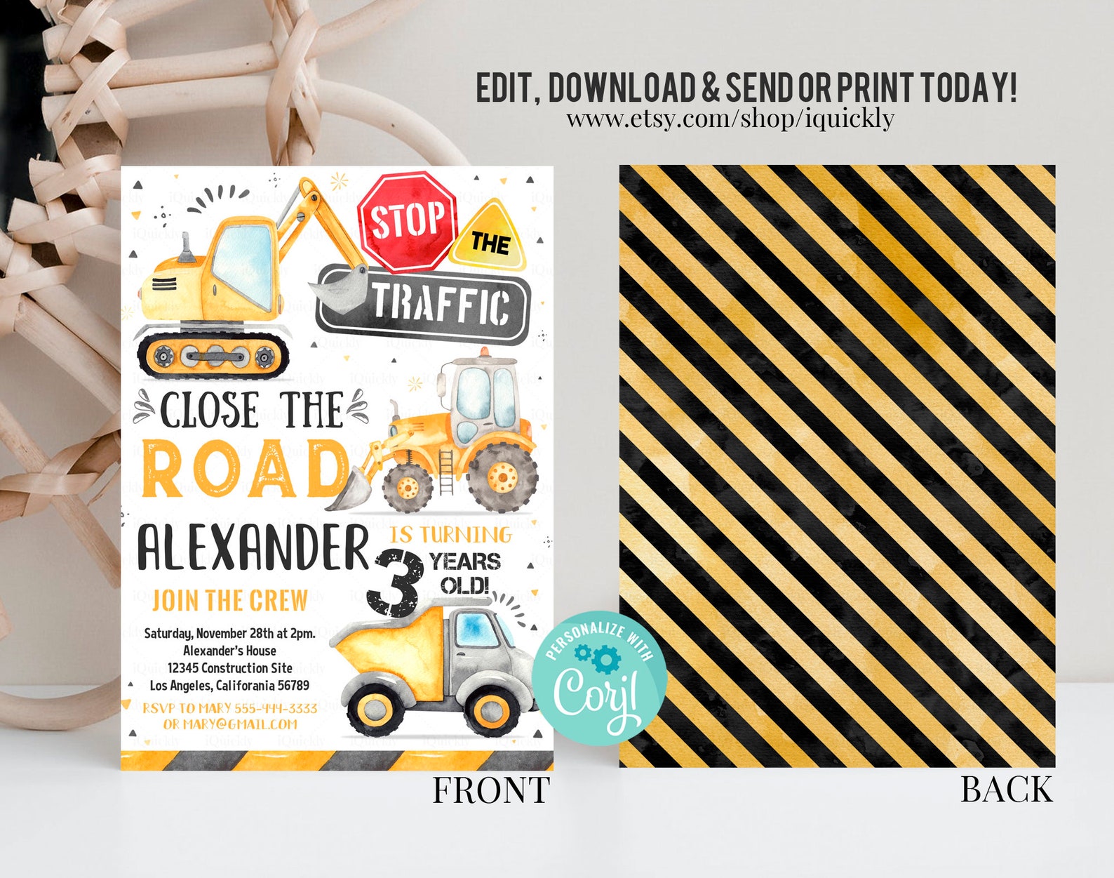 Editable Construction Invitation, Construction Birthday Invitations ...