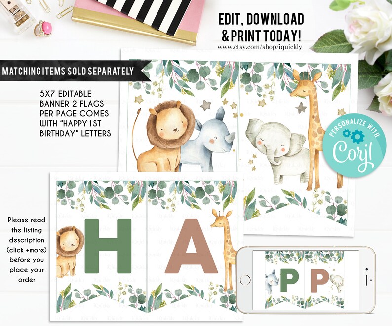 EDITABLE Safari Welcome Sign, Wild One Party Sign, Jungle Animals ...