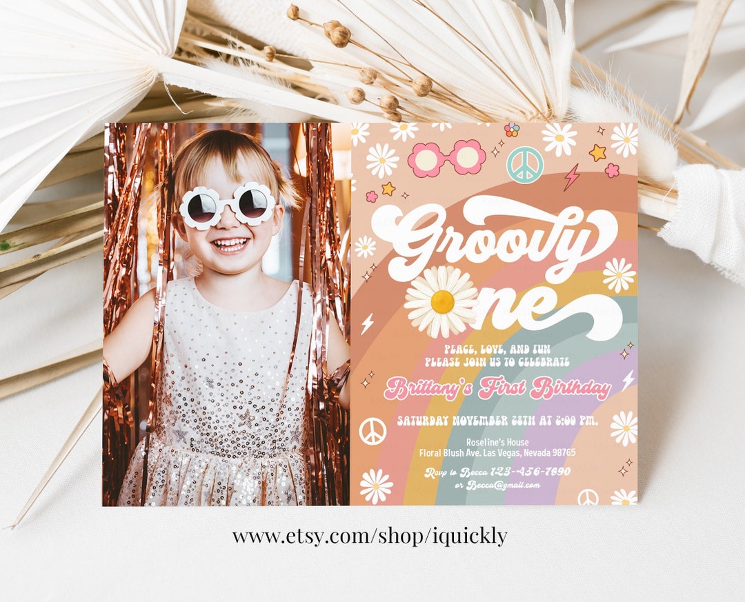 Editable Groovy ONE Birthday Invitation Pink Daisy Rainbow Groovy Van ...