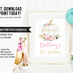 Pumpkin Birthday Favor Tags EDITABLE, Pink and Gold Little Pumpkin ...