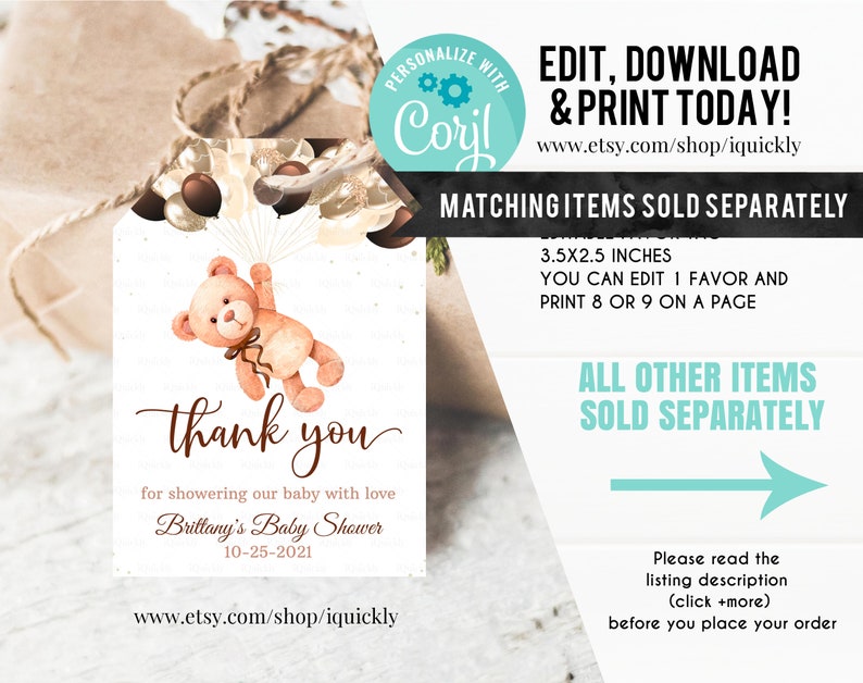 EDITABLE Teddy Bear Baby Shower Food Tags Buffet Label Tent | Etsy