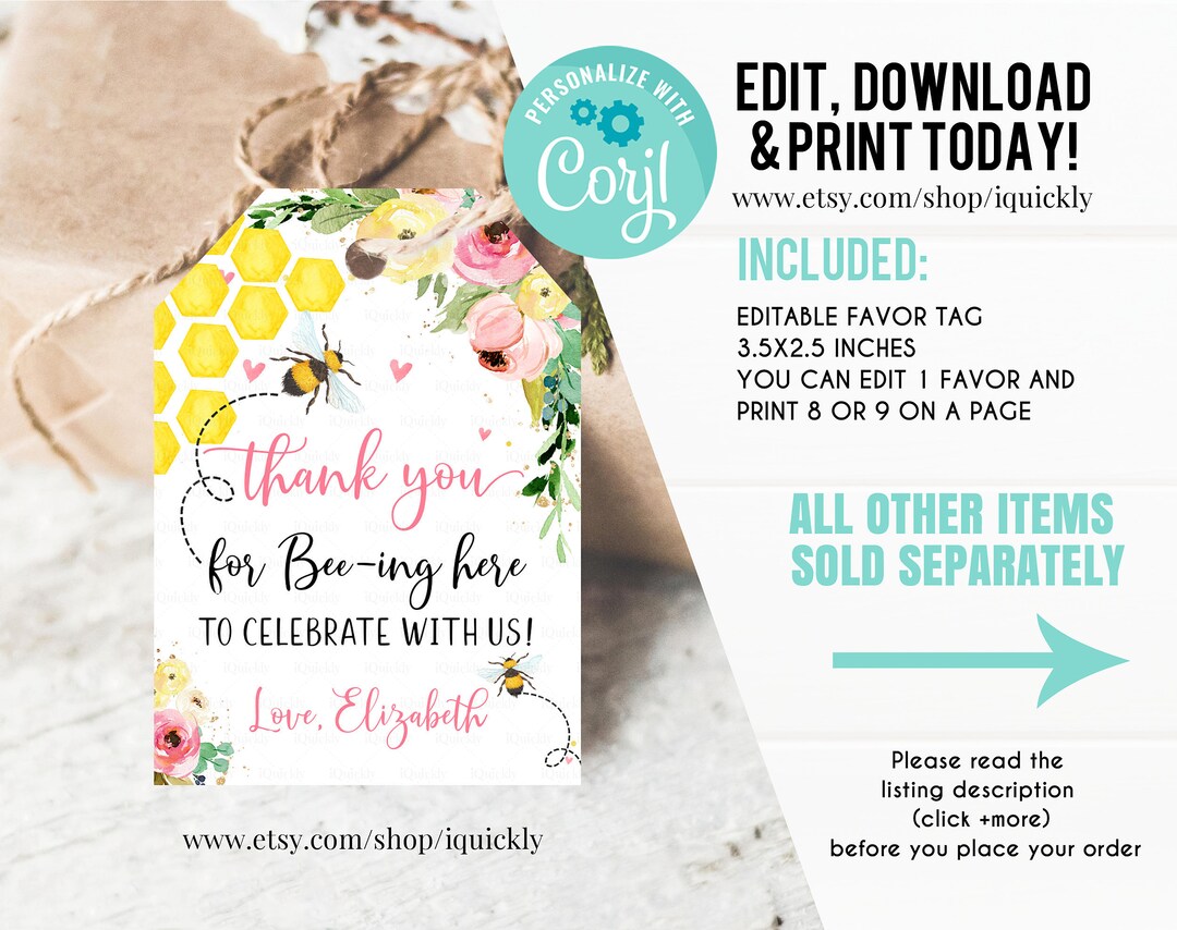 Editable Bee Favor Tags, Honey Bee Thank You Tags, Gift Tags Bumble Bee ...