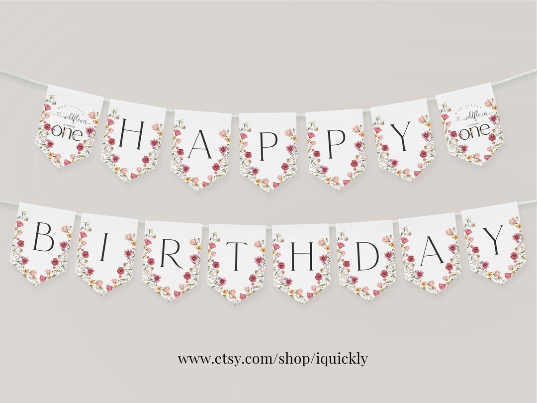 Happy Birthday Banner Wildflower Party Girl Pink Garden Floral Birthday ...
