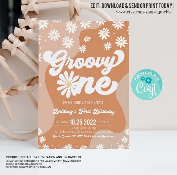 Editable Groovy One 1st Birthday Party Invitation Boho Retro Groovy ...