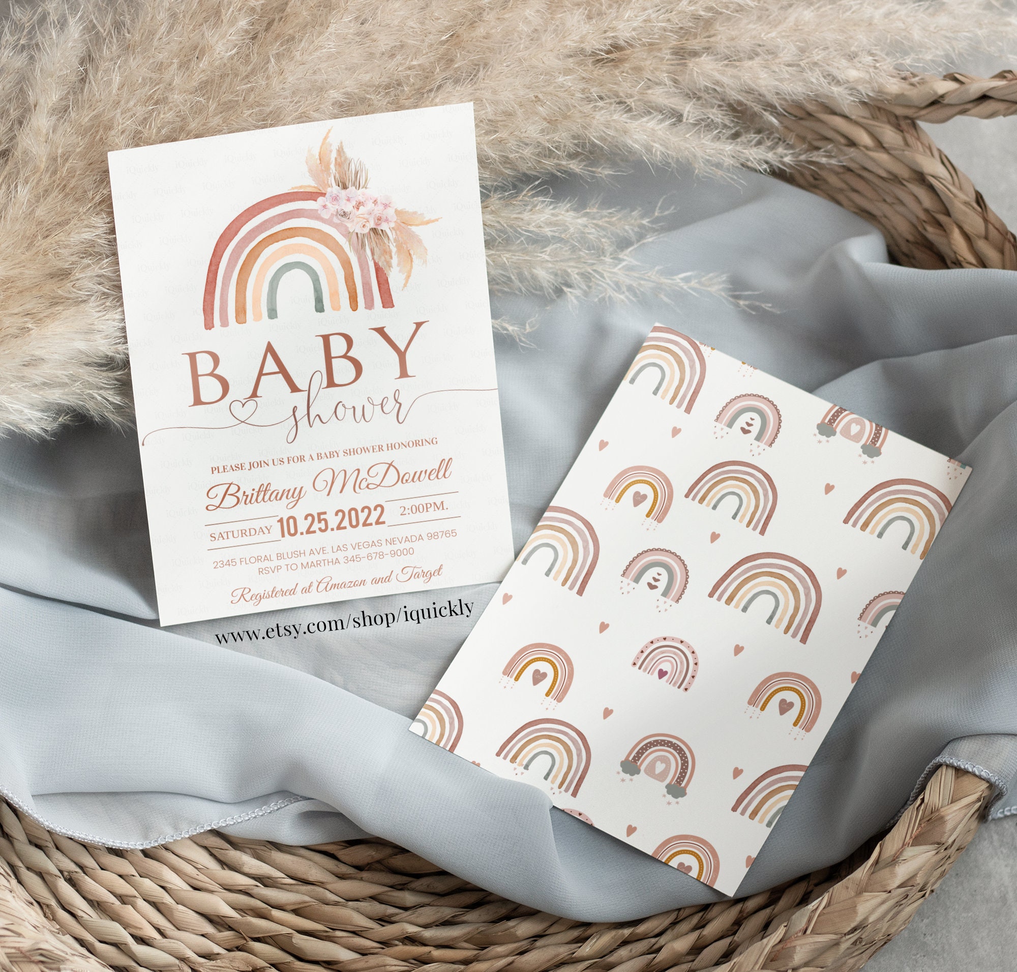 Editable Boho Rainbow Baby Shower Invitation Pink Pampas Grass Boho ...