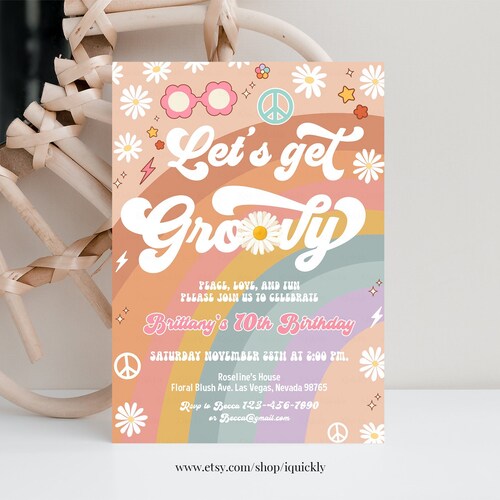 Editable Groovy 13th Birthday Invite Daisy Rainbow Vibin' - Etsy