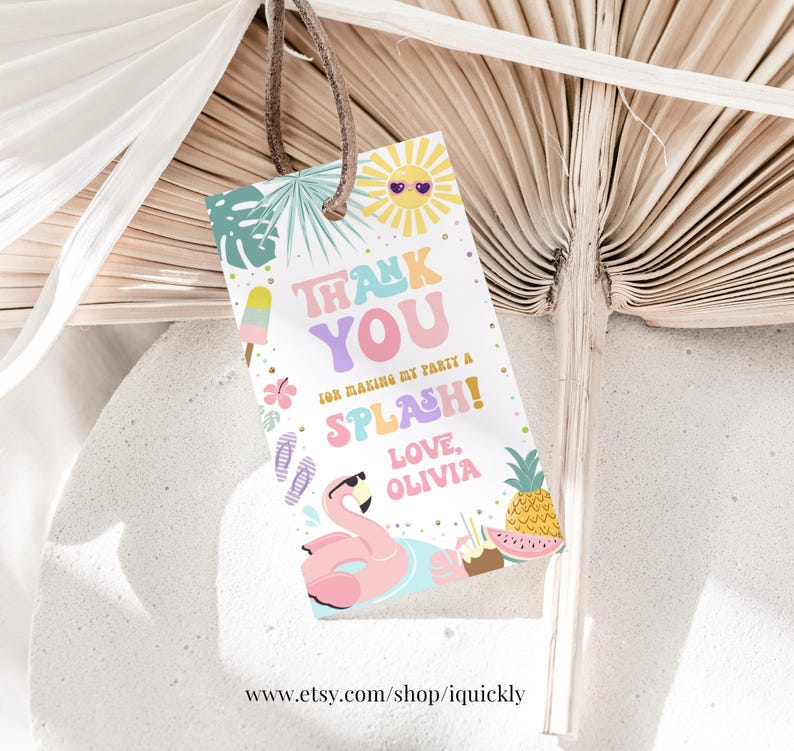 Pool Party Favor Tags Editable Tropical Splish Splash Girl Thank You ...
