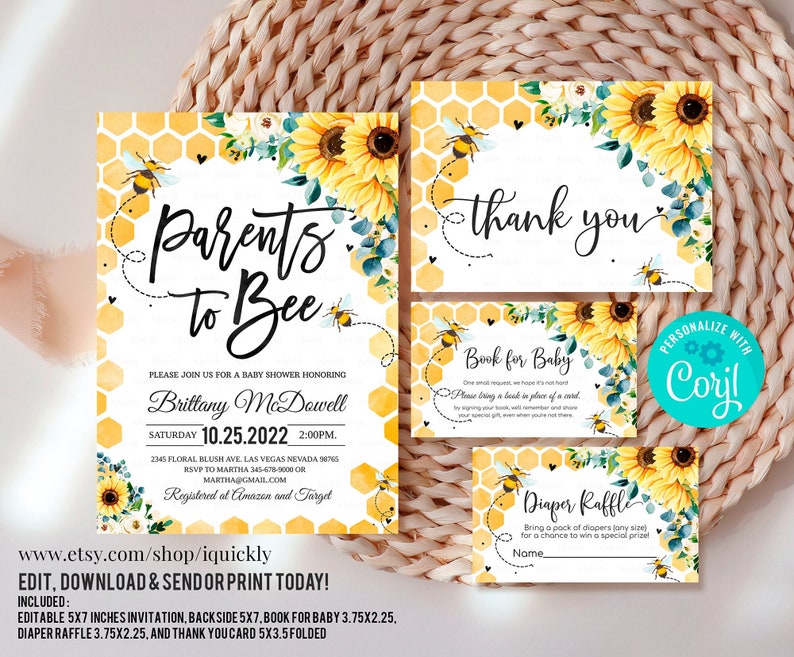 Editable Parents to Bee Baby Shower Invitation Sunflower Set Gender ...