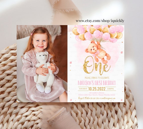 Editable Teddy Bear Birthday Invitation Girl Bear Themed Invite,1st ...
