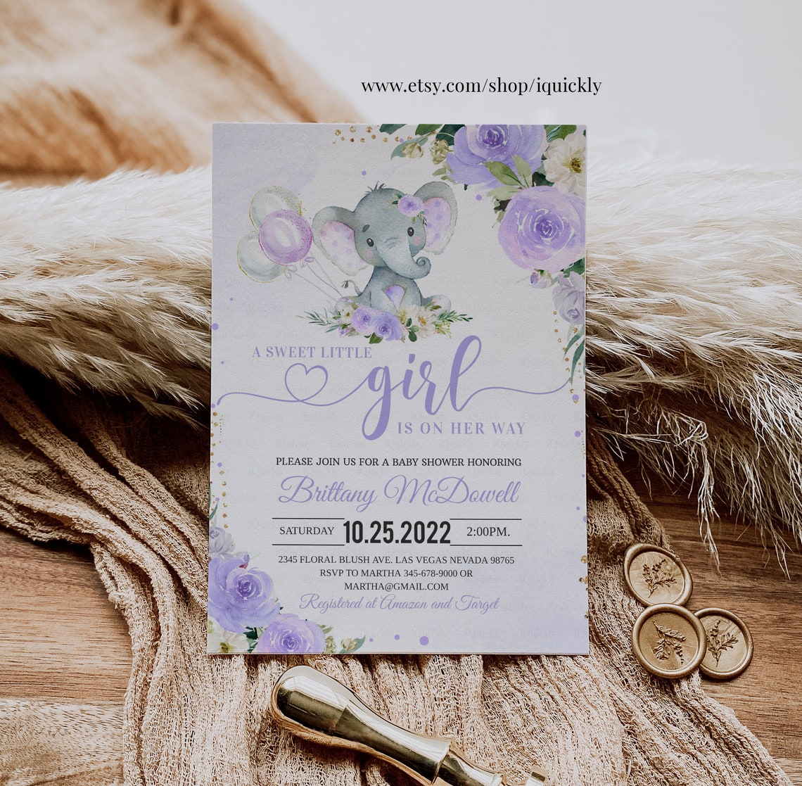 EDITABLE Purple Elephant Baby Shower Invitation Girl Baby Shower ...