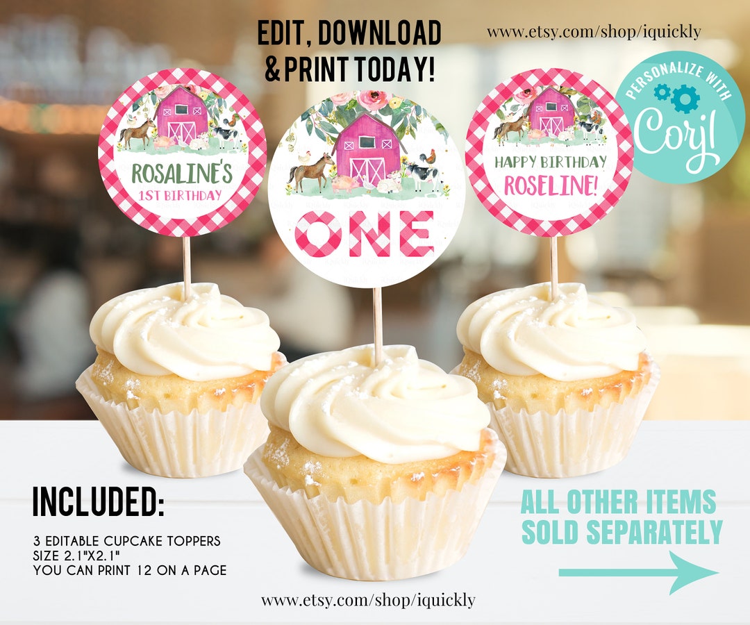 Editable Farm Birthday Cupcake Toppers, Girl Barn Party, Digital, Farm ...