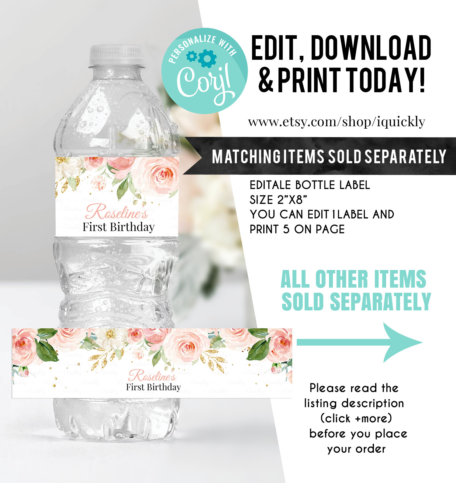 EDITABLE Blush Pink Floral Banner, Birthday Banner, Printable 1st ...