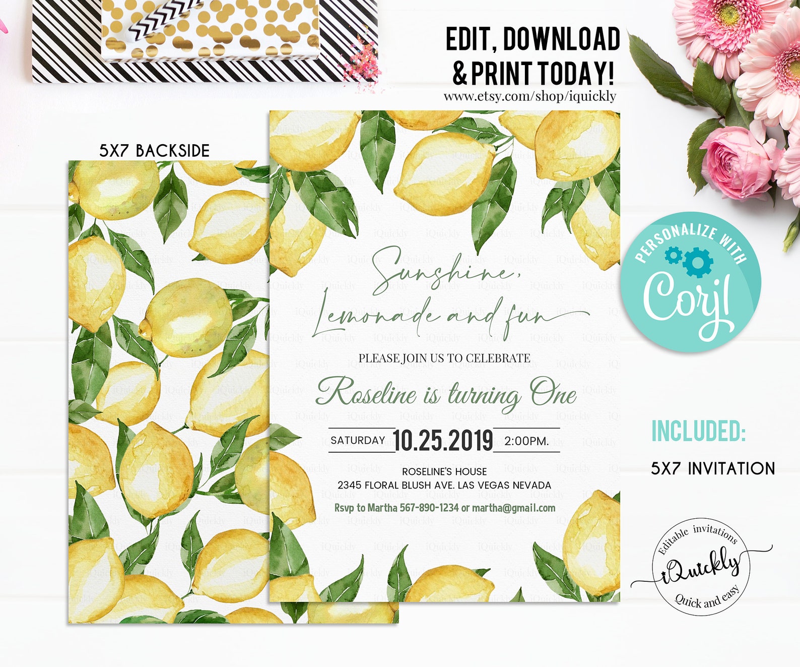 EDITABLE Lemon Birthday Invitation Sunshine Lemonade and Fun - Etsy