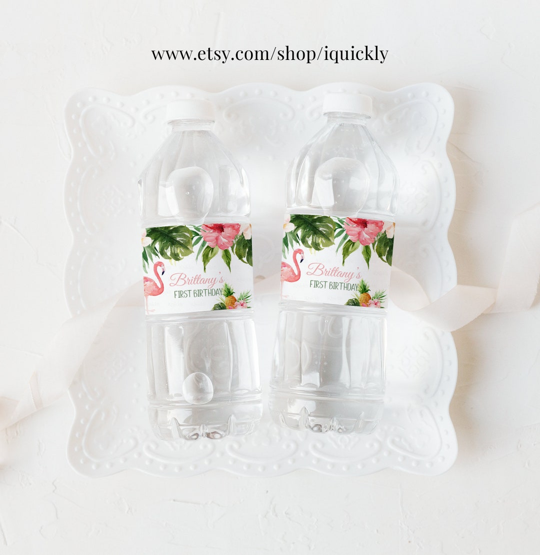 Editable Flamingo Water Bottle Personalized Tropical Bottle Labels ...