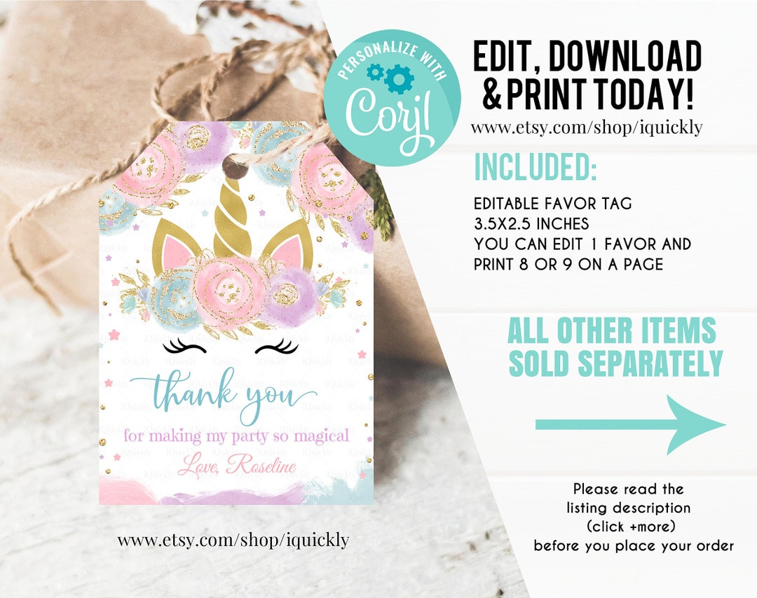 EDITABLE Unicorn Favor Tags, Thank You Tags, Gift Tags, Unicorn Party ...