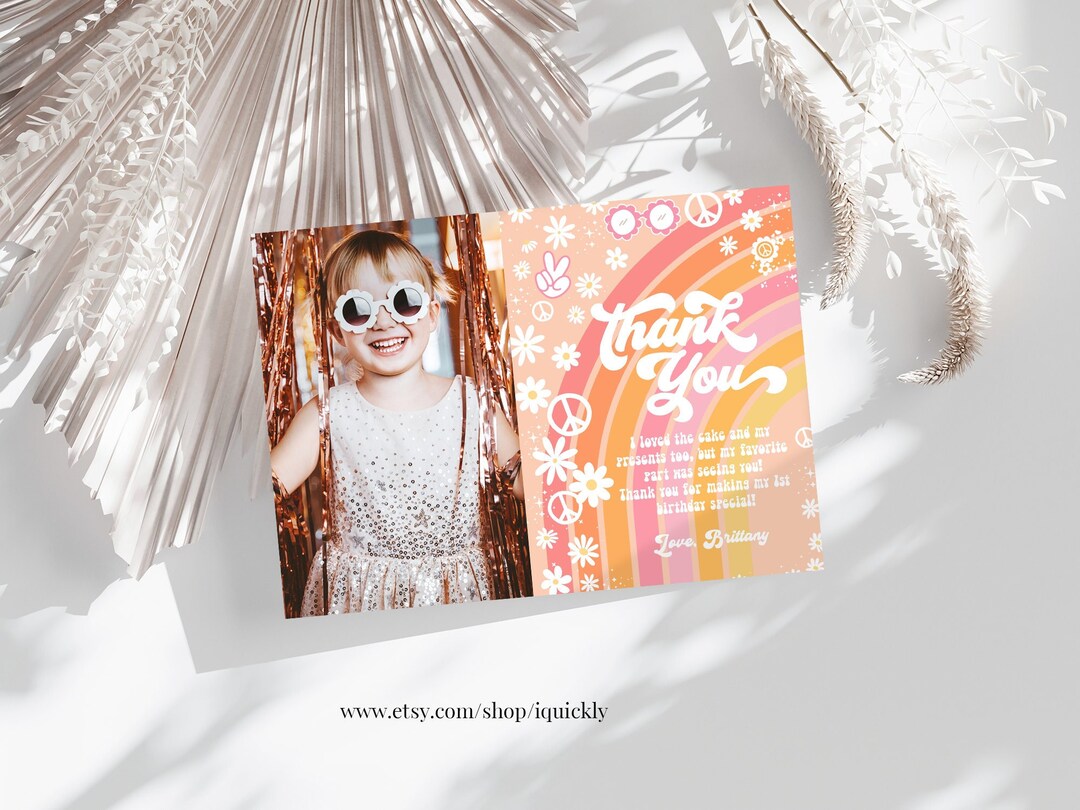 Editable Groovy Thank You Card Two Daisy Birthday Note Card Hippie ...