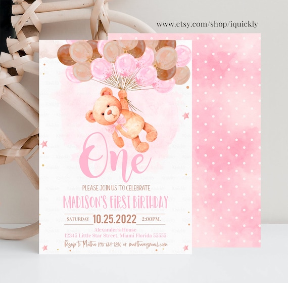 Editable Teddy Bear Birthday Invitation Girl Bear Themed Invite,1st ...
