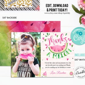 EDITABLE Watermelon Thank You Card Photo, One in a Melon Note Card ...