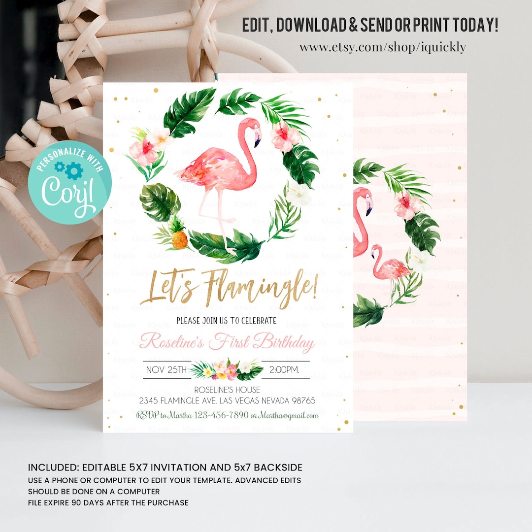 Editable Flamingo Birthday Party Invitation Template,tropical Birthday ...