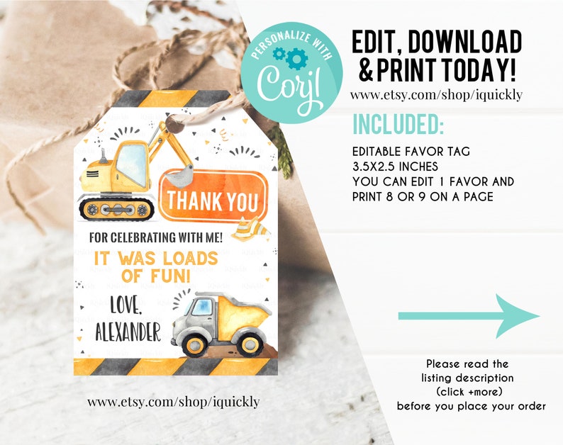 Construction Birthday Favor Tags EDITABLE, Dump Truck Party Thank You ...