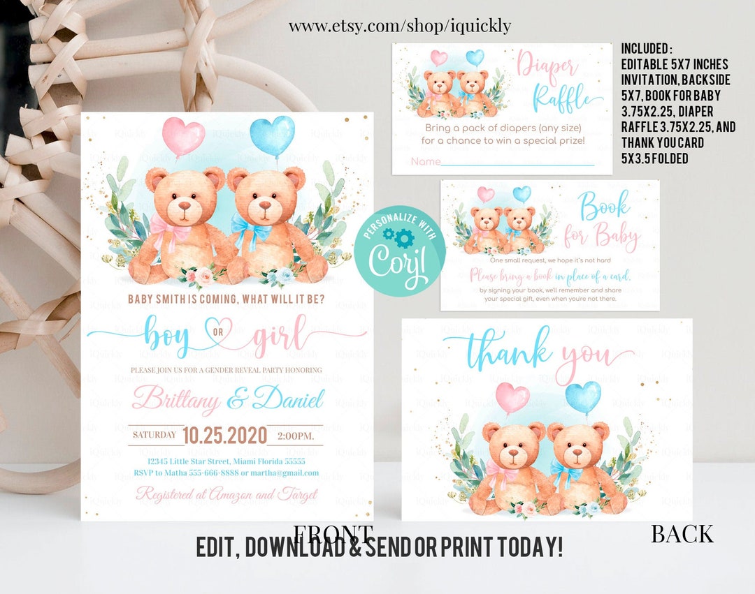 Editable Teddy Bear Baby Shower Invitation Set Bear Themed Invite ...