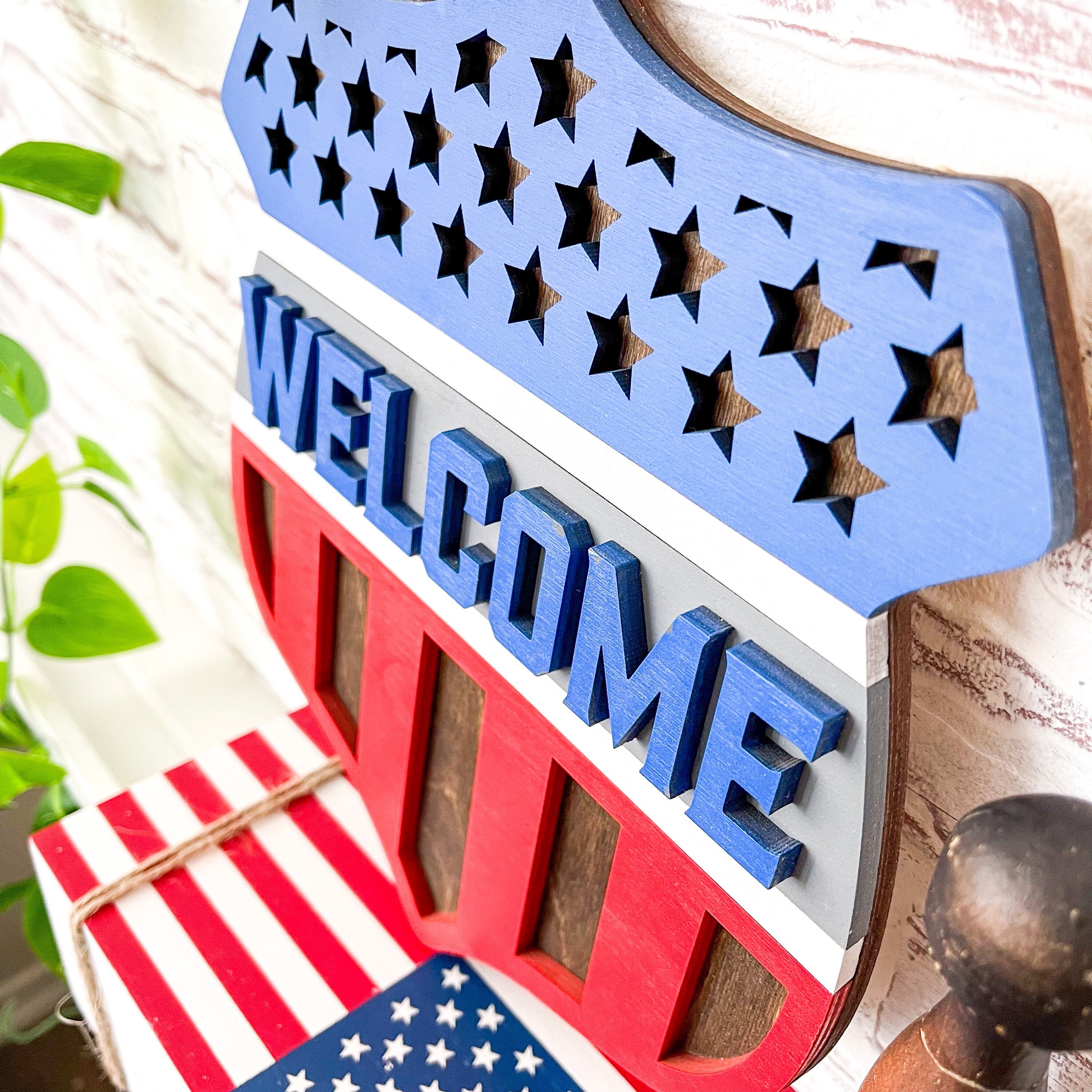 Welcome Red White Blue 3D Laser Cut Shield Wood Sign - Etsy