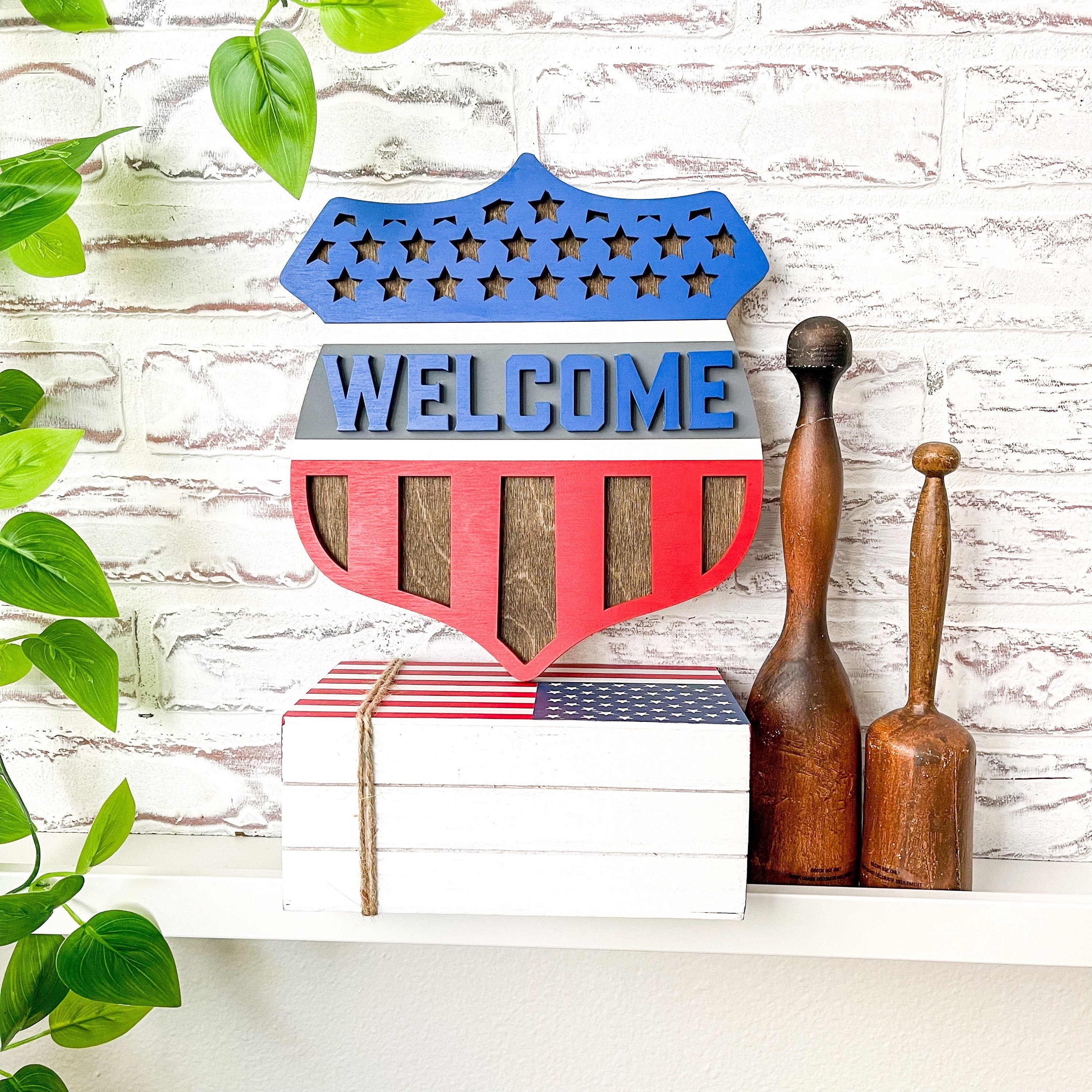 Welcome Red White Blue 3D Laser Cut Shield Wood Sign | Etsy