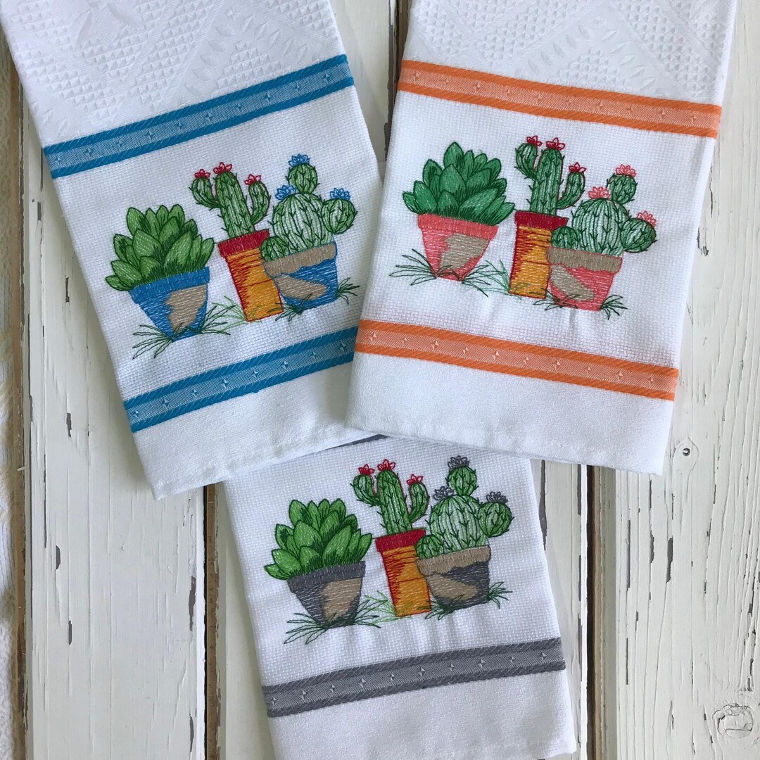 White Cotton Kitchen Towel, Machine Embroidered Cactus Design, Handmade ...