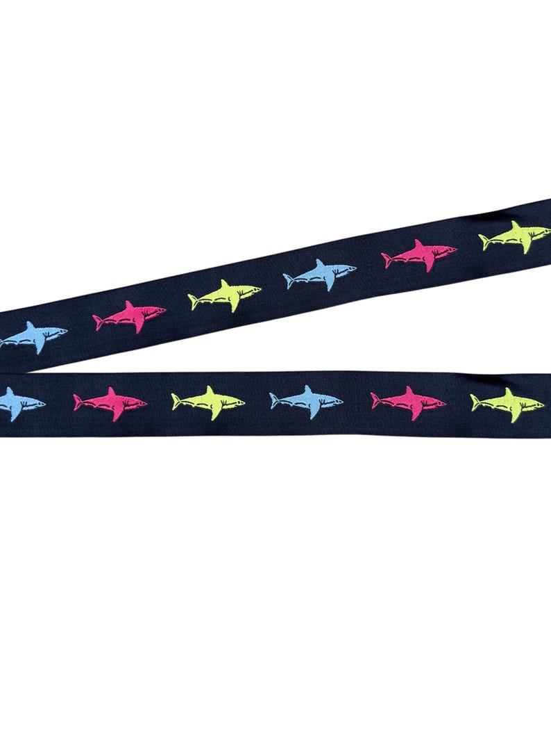 ANIMALS/ MARITIME Multicolor SHARK Ribbon Polytrim (22mm) Navy Base ...