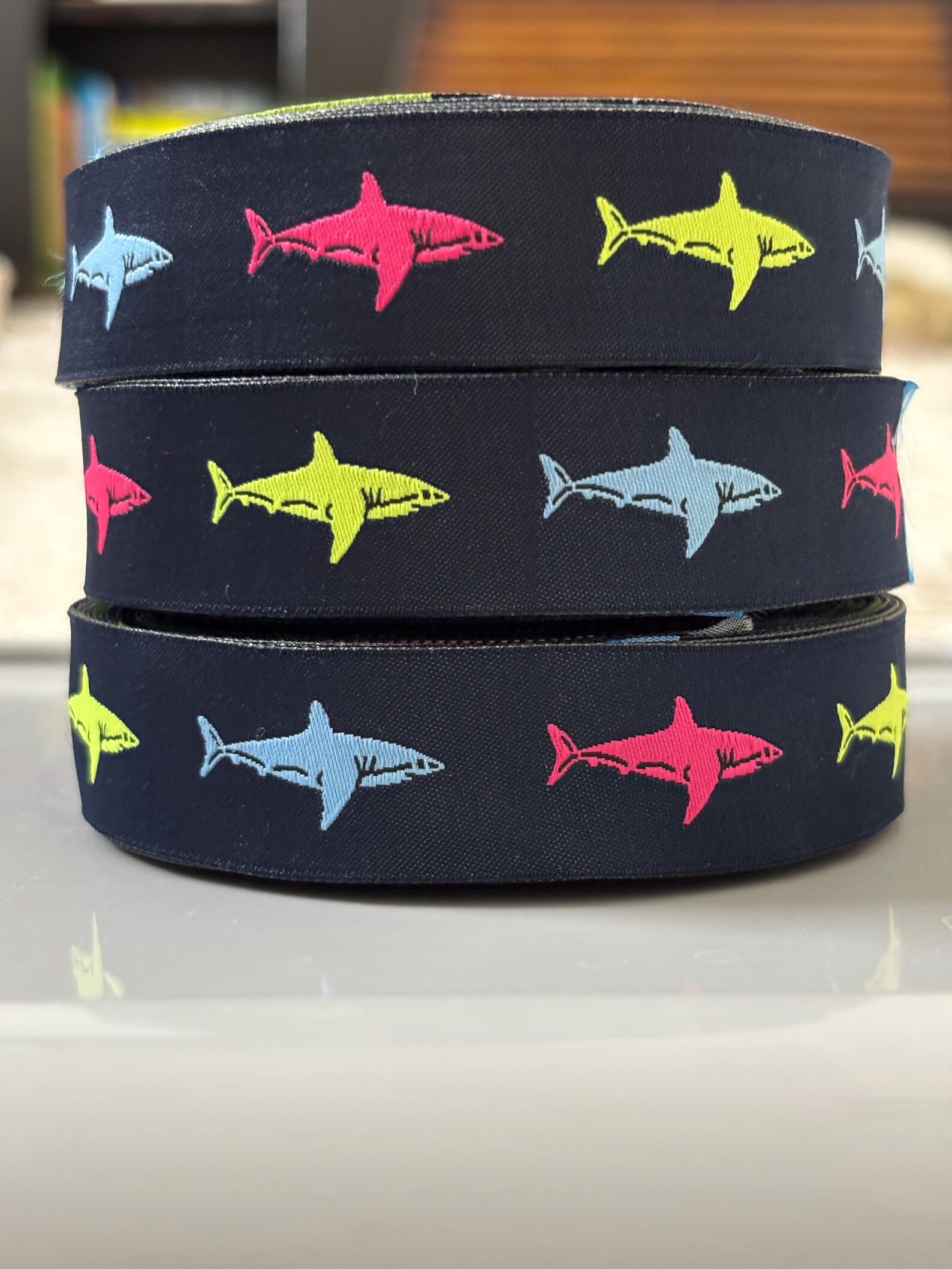 ANIMALS/ MARITIME Multicolor SHARK Ribbon Polytrim (22mm) Navy Base ...